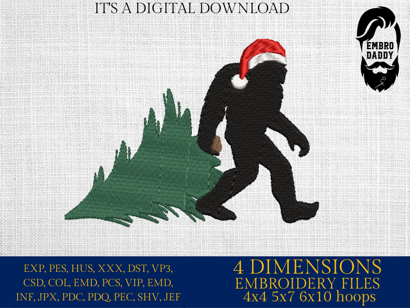 Machine Embroidery files, Bigfoot Santa Claus with Christmas tree, Big ...